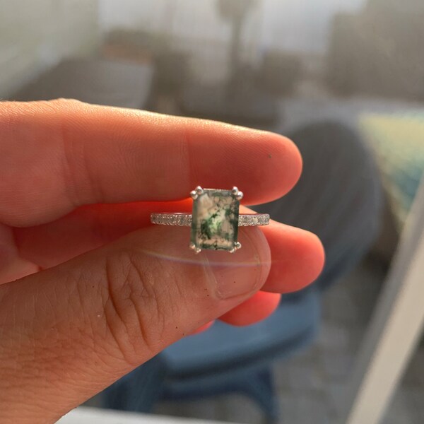 Natural Moss Agate Ring-emerald Cut Moss Agate Ring-gold-silver ...