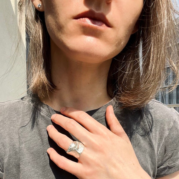 Chunky Wide Band Textured Foil Silver Ring Abstract Band Thick Band ...