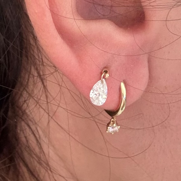 Pear Lab Diamond Droplets Dangle Stud, Hanging Pear Lab Grown Diamond Stud, 14K 18K Solid Gold ...