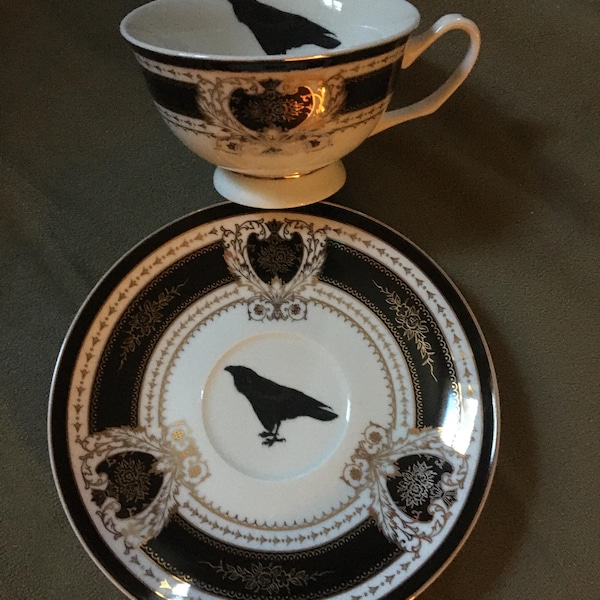 Beautiful Black Crow Teacup and Saucer Set, 8 Ounces, Food Safe and ...