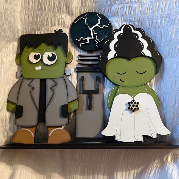 Hand-painted Frankenstein & Bride Stand: Halloween Mantle Decor, - Etsy
