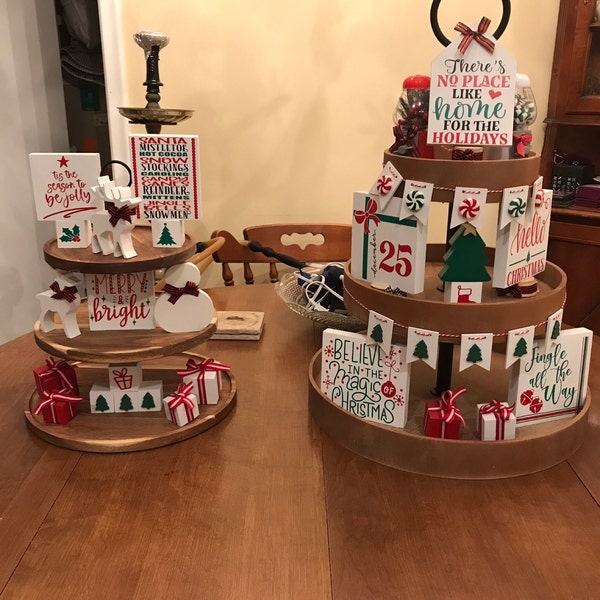 Wood Christmas Presents, Christmas Tiered Tray Decor, Winter Tiered ...