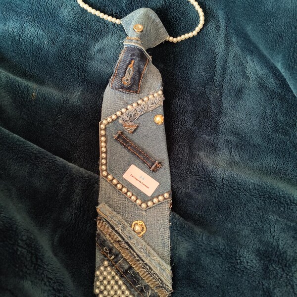 Distressed Denim Pearls Patchwork Necktie Necklace (as Shown or Similar Style - Please See All ...