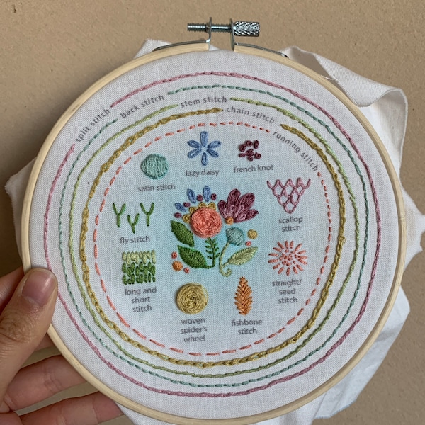 Stitch Sampler Full Kit Beginner Hand Embroidery Design, Printed Hand ...