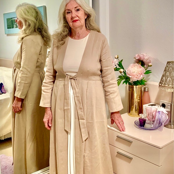 HENK Long Linen Jacket, Maxi Beige Linen Coat, Long Sleeves Vegan ...