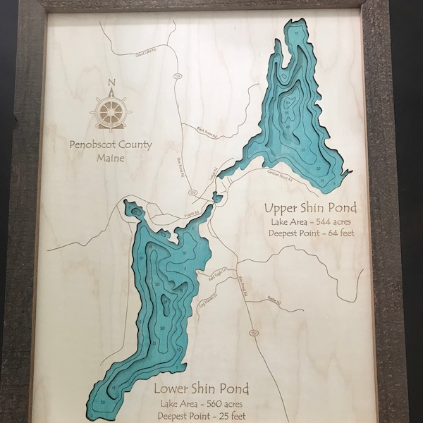 Upper and Lower Shin Pond, Maine 3D Wood Map | Custom Nautical Map ...
