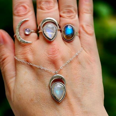 3 Stacking Rings Set, Raw Moonstone Aquamarine Ring, Sterling Silver ...