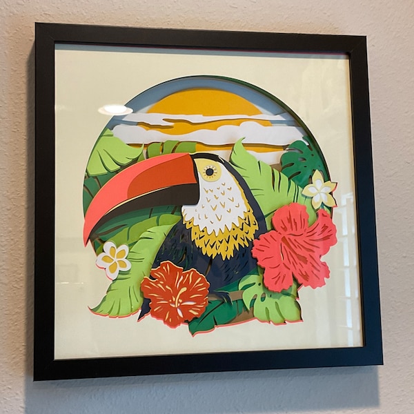 Toucan SVG Shadow Box Template, Tropical Bird Flowers and Leaves, 3D ...