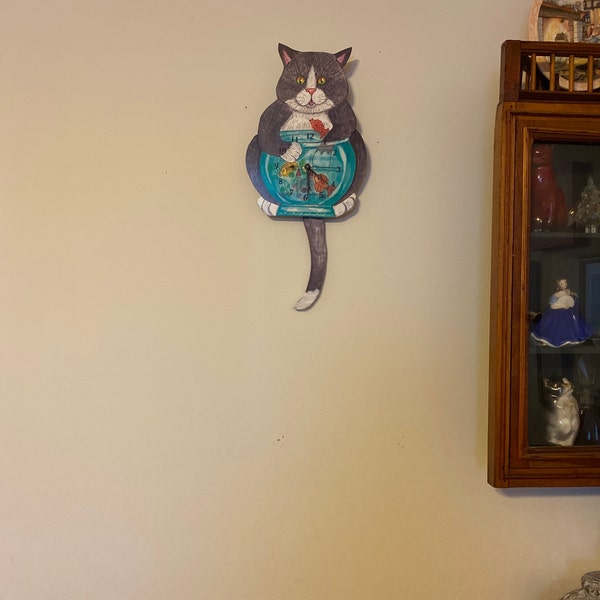 Whimiscal Tuxedo Fishing Cat Clock With Goldfish Bowl and Swinging Tail ...