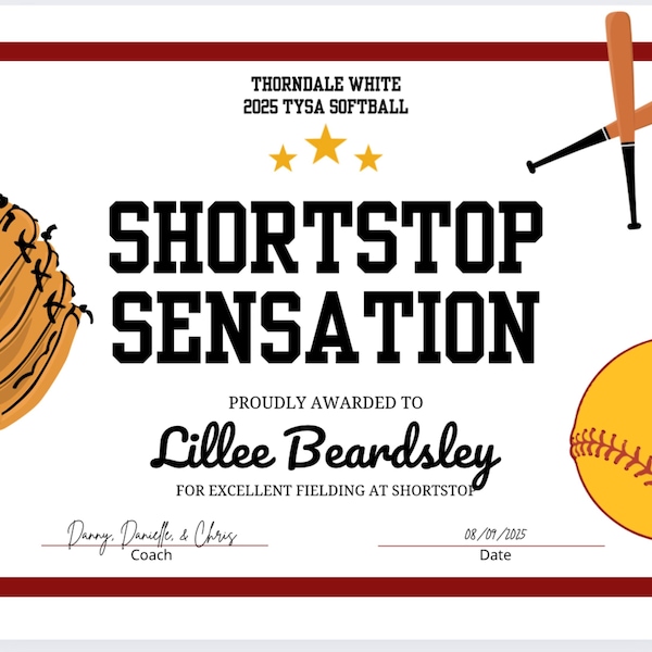 Editable Softball Award Certificates: End of Season Team Party Awards ...