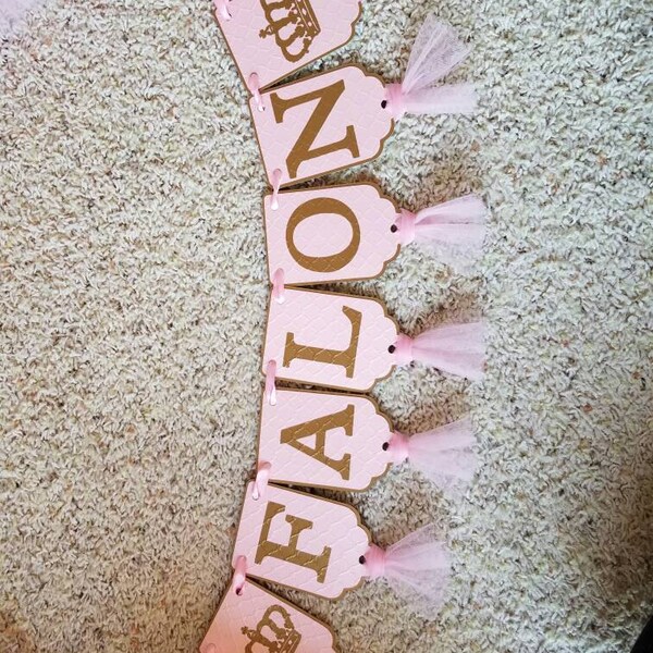 Girls Name Banner With Crowns, Embossed Pink and Gold Banner With Tulle ...