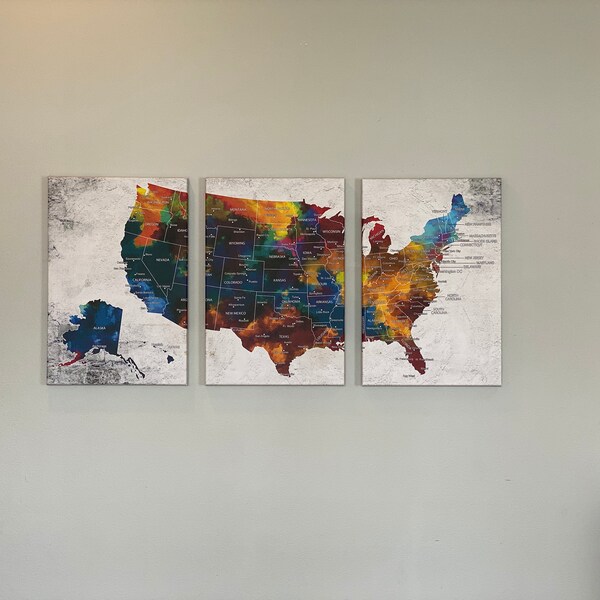 US Map Canvas Wall Art, Push Pin Travel Map, Colorful United States Map ...