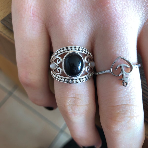 Bague Onyx Noir, Argent 925, Nacre et Pierre Onyx Noir, Bague Tribale ...