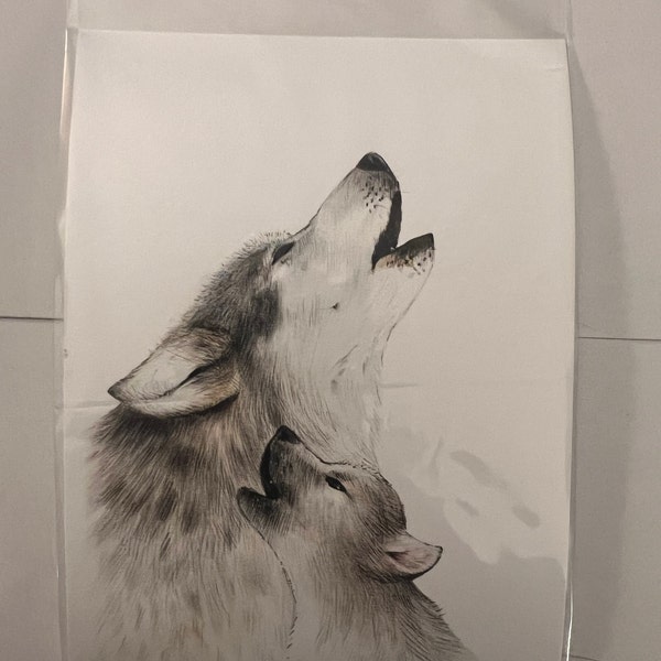 Wolf Art, Mother and Baby Wolf Print, Mama Wolf and Cub, Howling Wolf ...