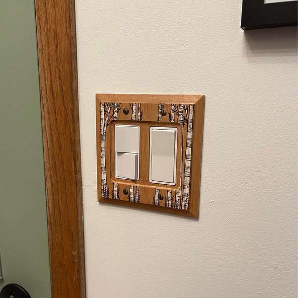 Wooden Triple Light Switch Cover With Wood Burned & Water Colored Birch ...
