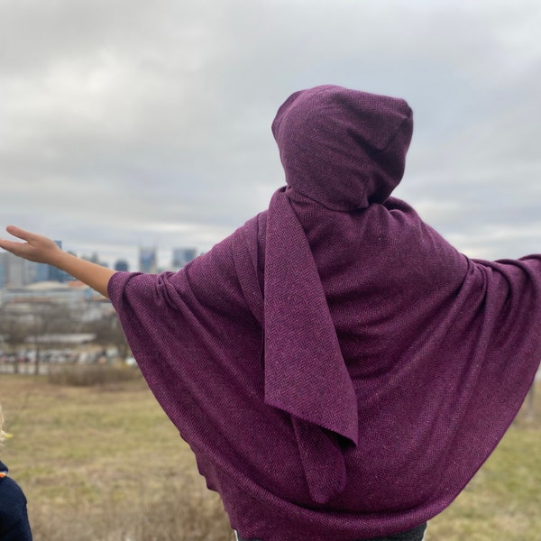 Irish Donegal Tweed Hooded Ruana, Wrap, Cape, Cloak, Robe - Purple Wine ...
