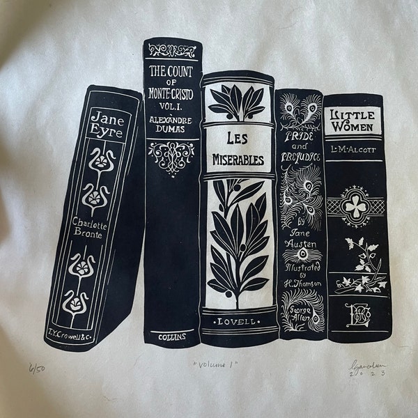 Classic Novel Book Spines Linocut Print | Limited Edition Archival Art ...