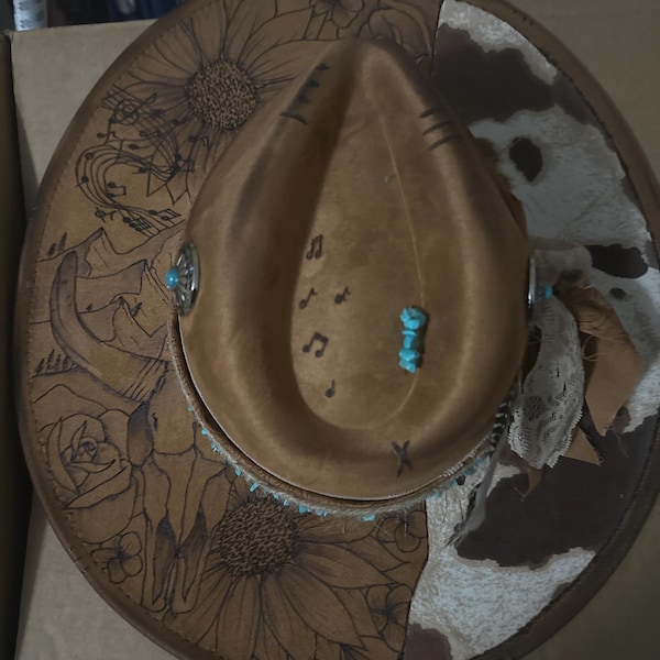 CUSTOM HAND BURNED Wide Brim Hat Bride Branded Hat Flowers and Leaves Burned Hat Western Hat - Etsy