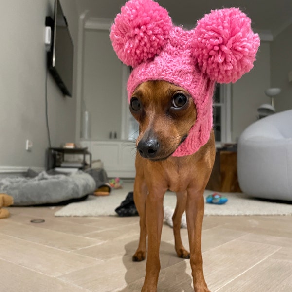 PINK Dog Hat SMALL Balaclava Dog Pom Pom Winter Snood Hood, Pompom Hat ...