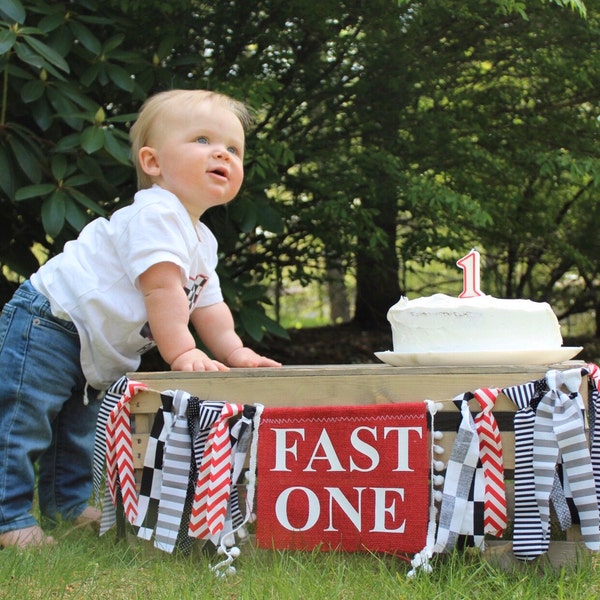RACE CAR Birthday Highchair Banner Fast ONE Red & Black, Checkered Flag ...