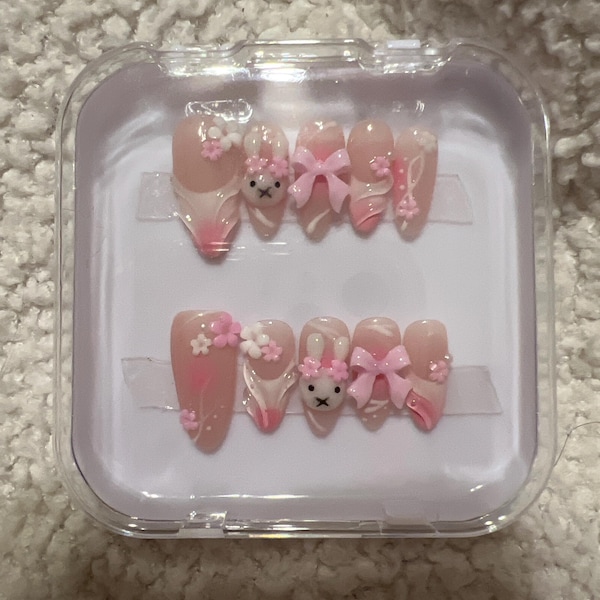 Adorable Pink Bunny Press on Nails With 3D Flowers and Bows, Handmade ...