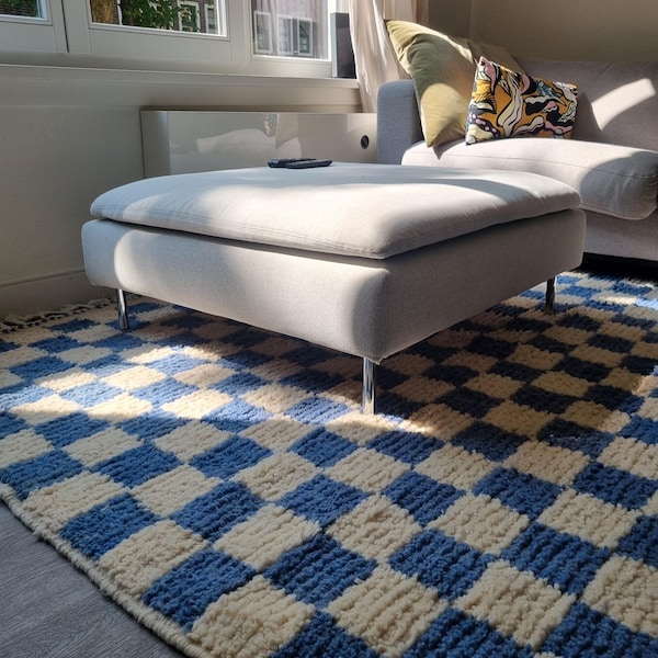 Checkered Rug Blue, Checker Moroccan Rugs Runner, Handmade Shaggy ...