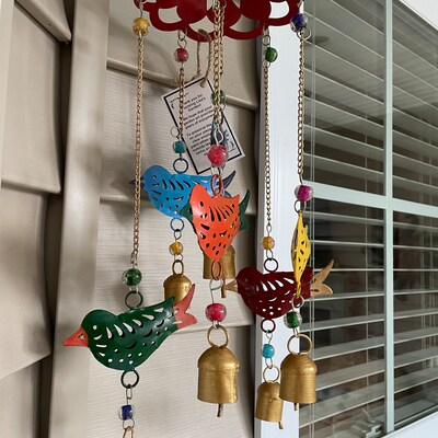 Carousel of Colorful Birds Wind Chime Wrought Iron, Hand Painted ...