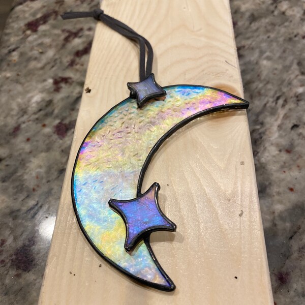 Iridescent Stained Glass Moon With Stars, Stained Glass Moon, Gift Idea ...
