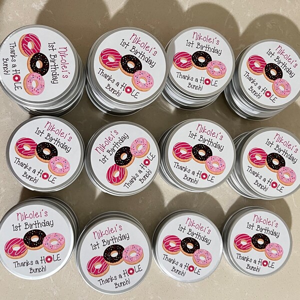 Personalized Glossy Donut Birthday Party Favor Labels - Doughnut Favor ...