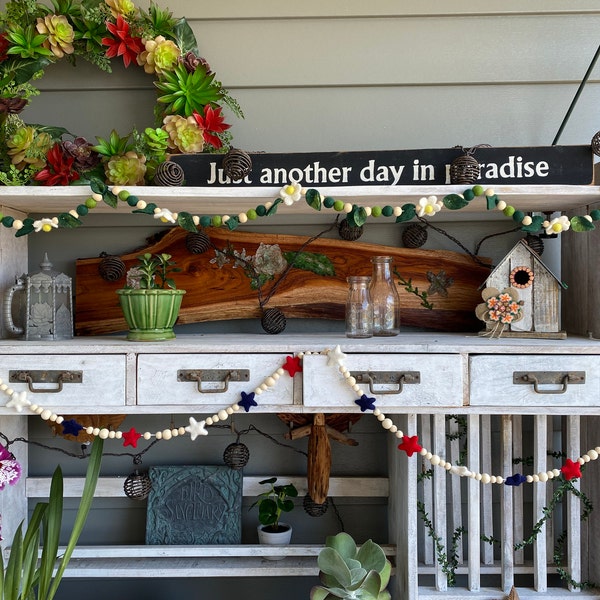 4th of July Garland. American Decor. Felt Stars. Wood Bead Garland. Red ...