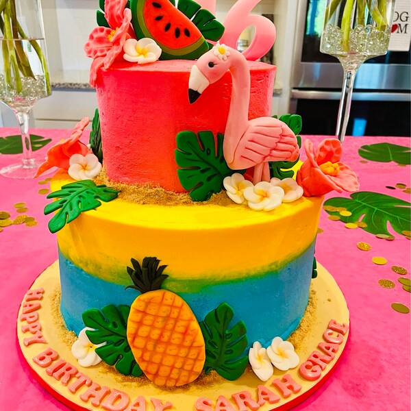 Tropical Flamingo Theme Fondant Cake Topper, Summer Theme Cake Topper ...