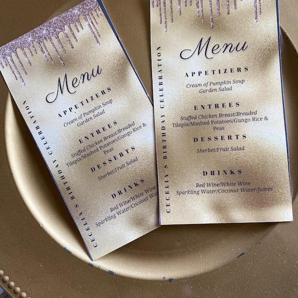Editable Gold Menu Card Template, Gold Glitter Drip Menu Cards ...