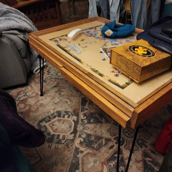 Rustic Puzzle Coffee Table With Removable Glass Top - Includes 2 Hidden ...