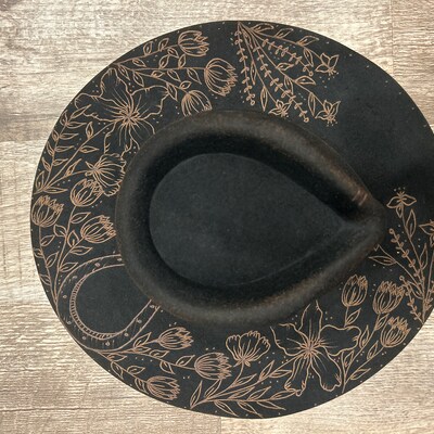 Imogen: Floral Horseshoe. Made to Order Handcrafted Burned Wide Brim Hat. Burned Hat, Cowboy Hat ...