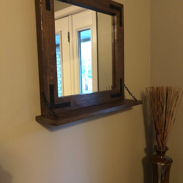 Solid Wood Rustic Industrial Wall Mirror With Shelf - Etsy
