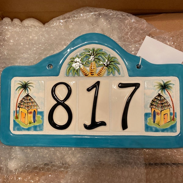 Beach Address Plaque With 3 Numbers + Sea Oats End Tiles - Custom ...