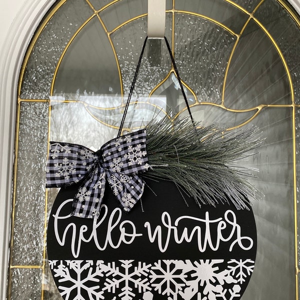 Hello Winter Door Hanger, 12" Hello Winter Sign, Winter Door Decor ...
