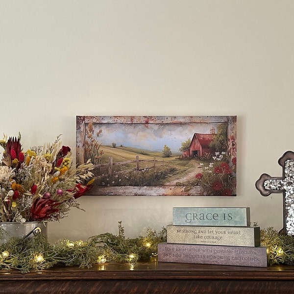 Rustic Farm Wall Art - Old Red Barn Field Landscape Painting Canvas ...