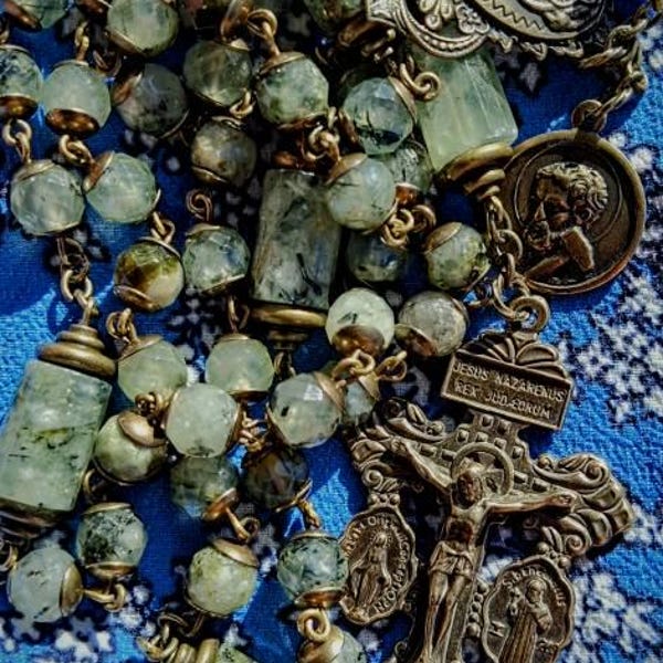 Jesus Mary Tween Hearts Rosary-peach Moonstone&vintage Bronze Prayer ...