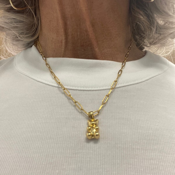 18K Gold Bear Charm Pendant Teddy Bear Crystal Animal Necklace Choker ...