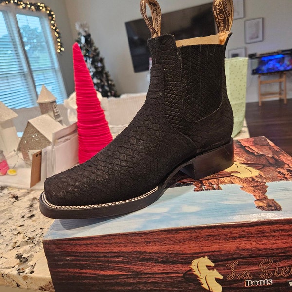 MENS COWBOY Boots Black Nubuck Snake Skin Square Toe Half Boots ...