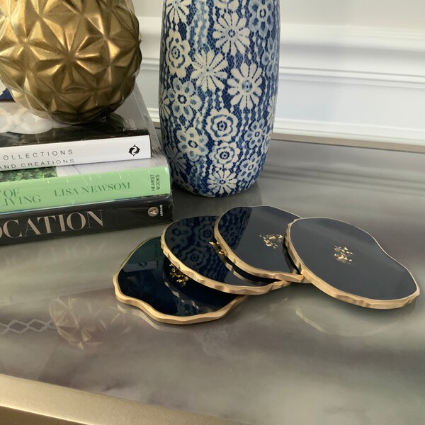 Resin Coaster Set-dark Navy Agate Geode Resin Coasters With Gold ...