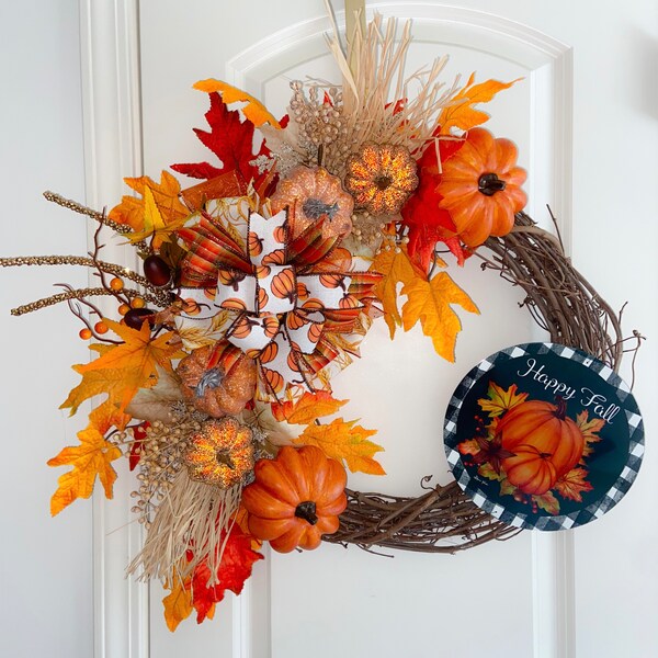 Happy Fall Wreath Sign With Pumpkins , Round Wreath Sign, Wreath ...