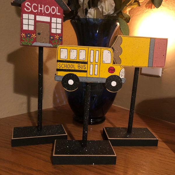 3 Tall Standing SCHOOL THEMED Block SET With School House, Bus, and ...