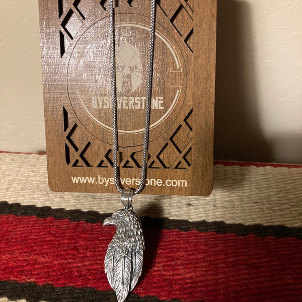 Eagle Feather Charm Necklace for Men in Sterling Silver, Eagle Head ...