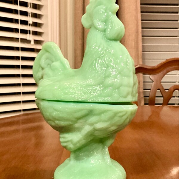 Vintage Jadeite Rooster Candy Dish, Jadeite Green Glass Rooster, Mint ...