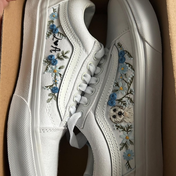 Wedding Vans, White Primrose Embroidered Vans Custom, Blue Flower ...