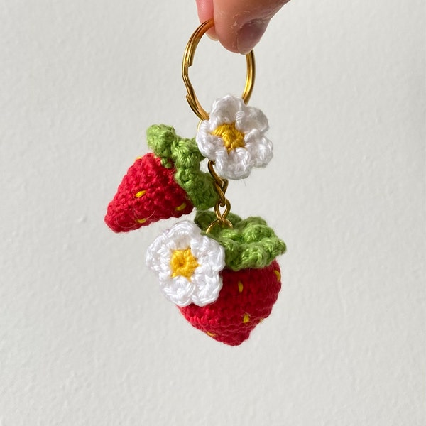 Crochet Strawberry Keychain, Strawberries and Flowers Charm, Keyring ...