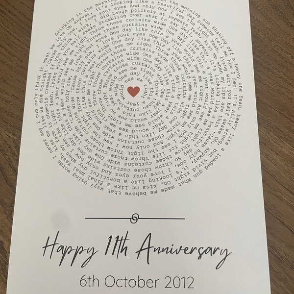 Anniversary Card | Personalised Song Lyrics Card | Vinyl Song Lyrics ...