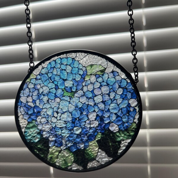 Blue Hydrangea Stained Glass Suncatcher Window Hanging, Blue Hydrangea ...